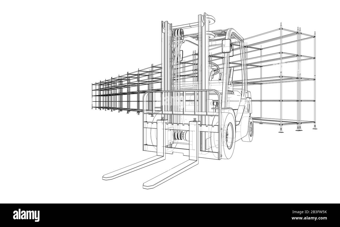 Warehouse shelves and forklift. Blueprint style. Vector rendering from ...