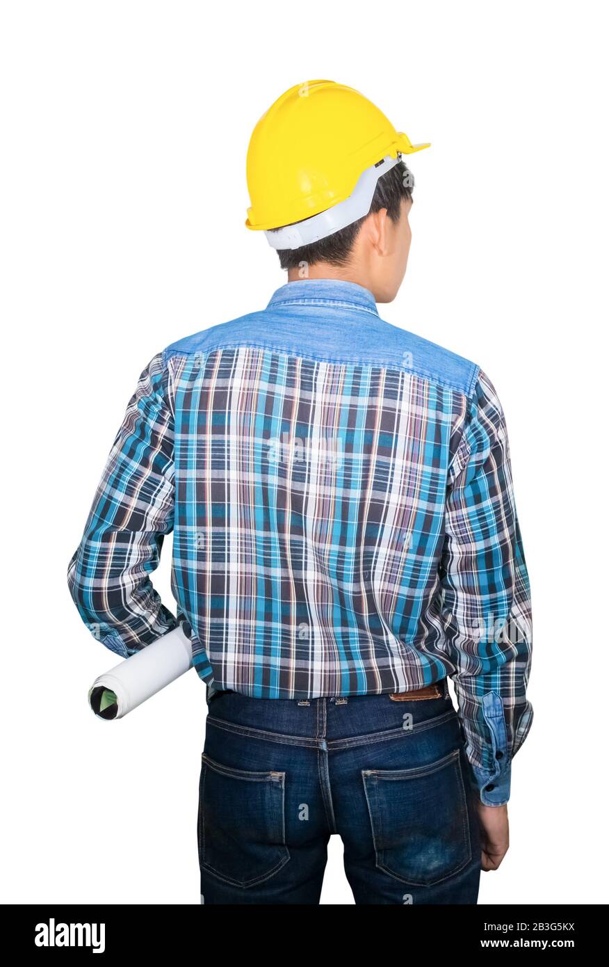 Engineering holding rolled blueprints back turned and wear yellow ...