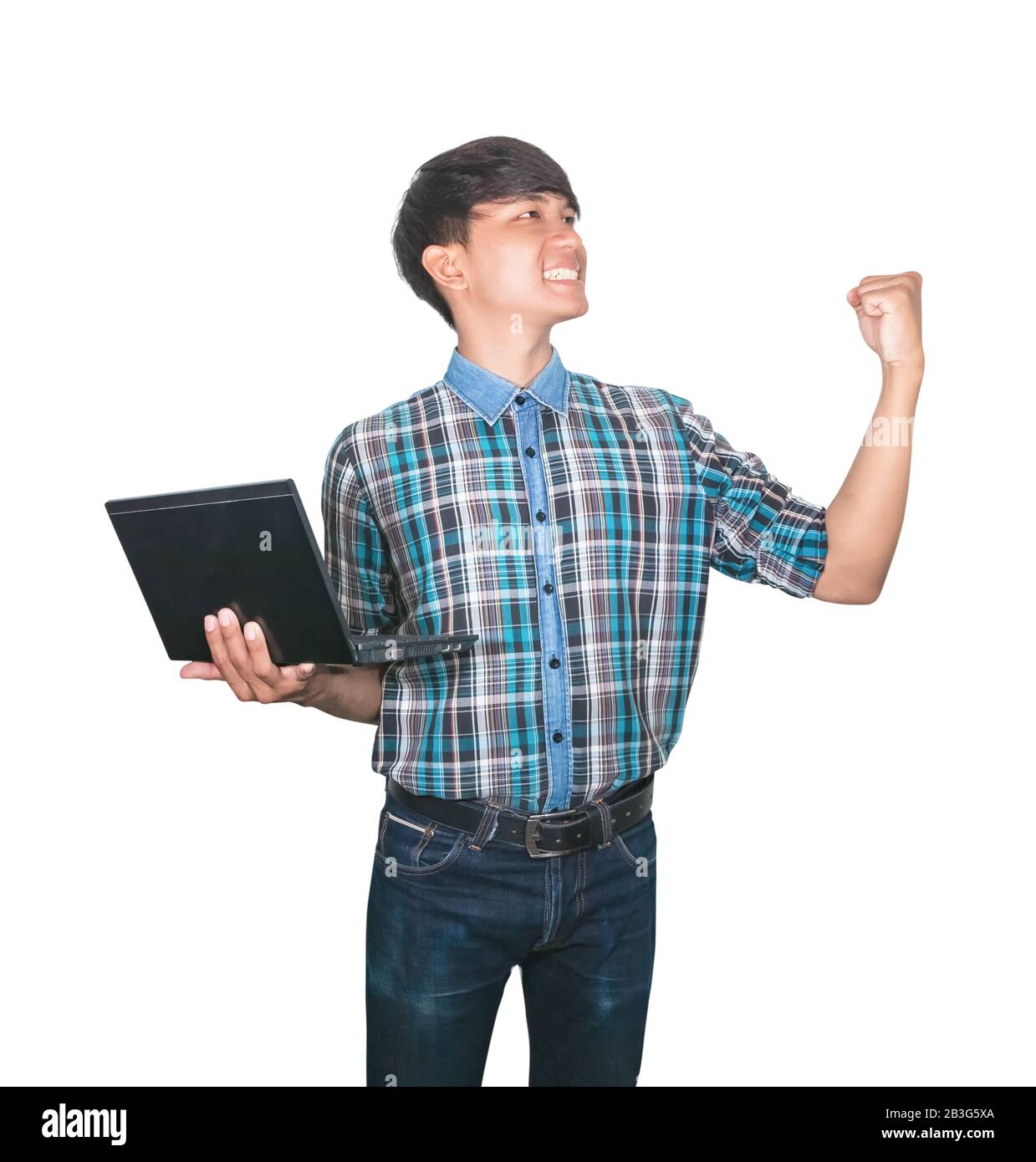 businessman confident young using computer laptop and raised hand on ...