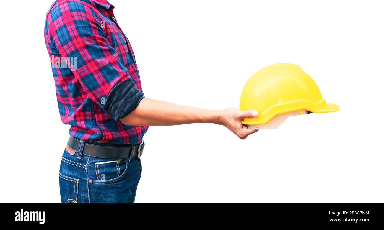 Engineer hold yellow safety helmet plastic construction concept ...