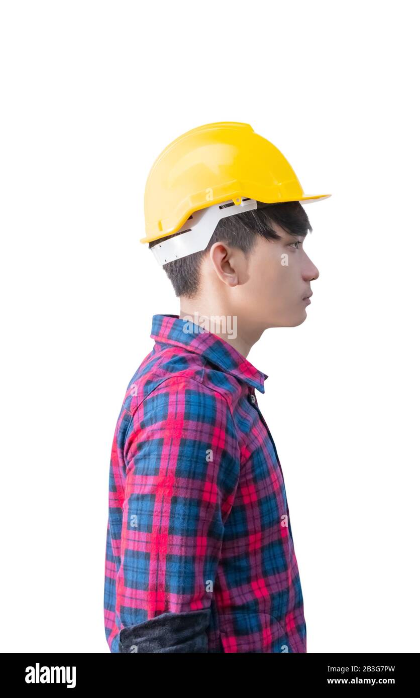 Side view Engineer construction and wear yellow safety helmet plastic ...