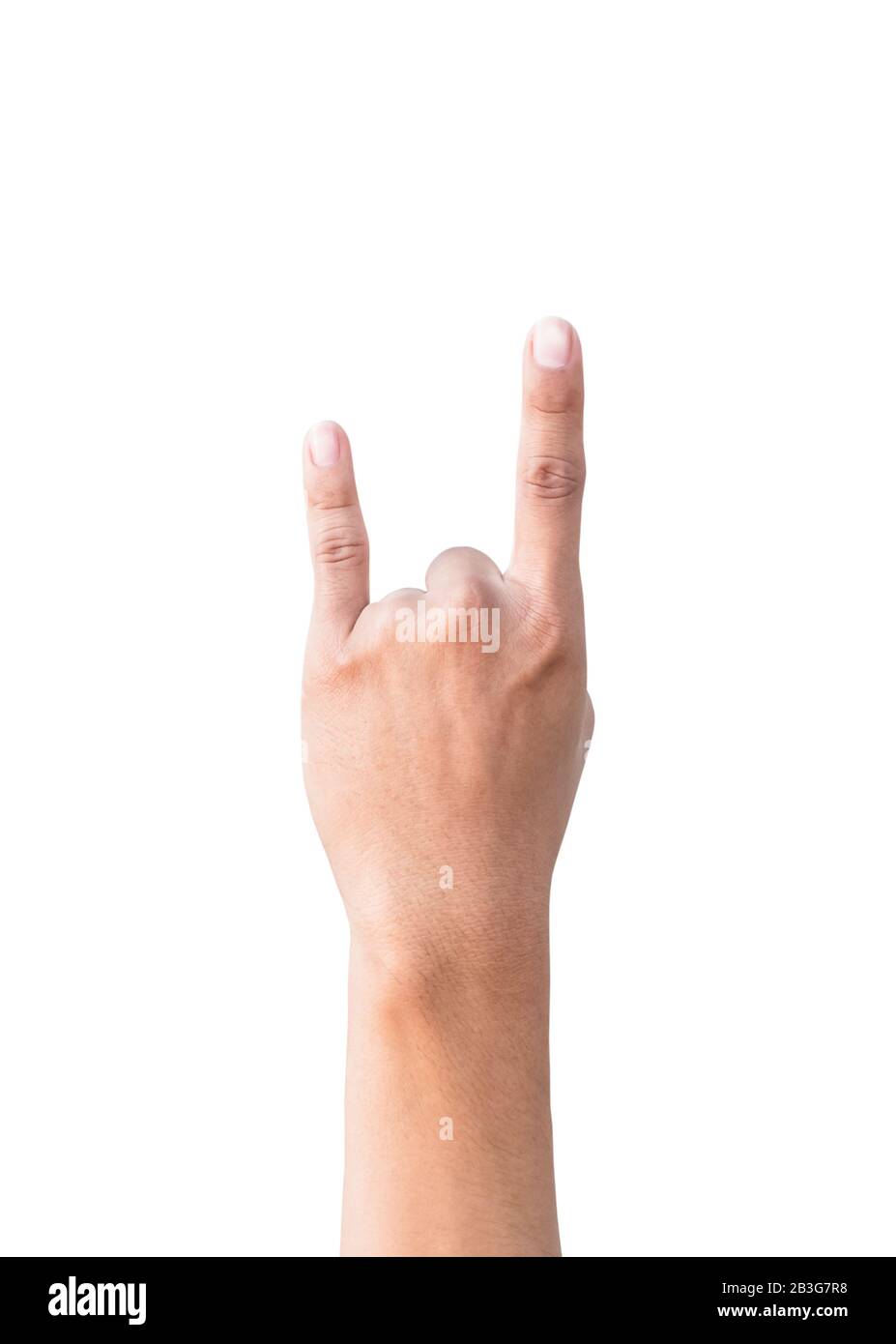 hand symbols devil horn showing on white background Stock Photo - Alamy