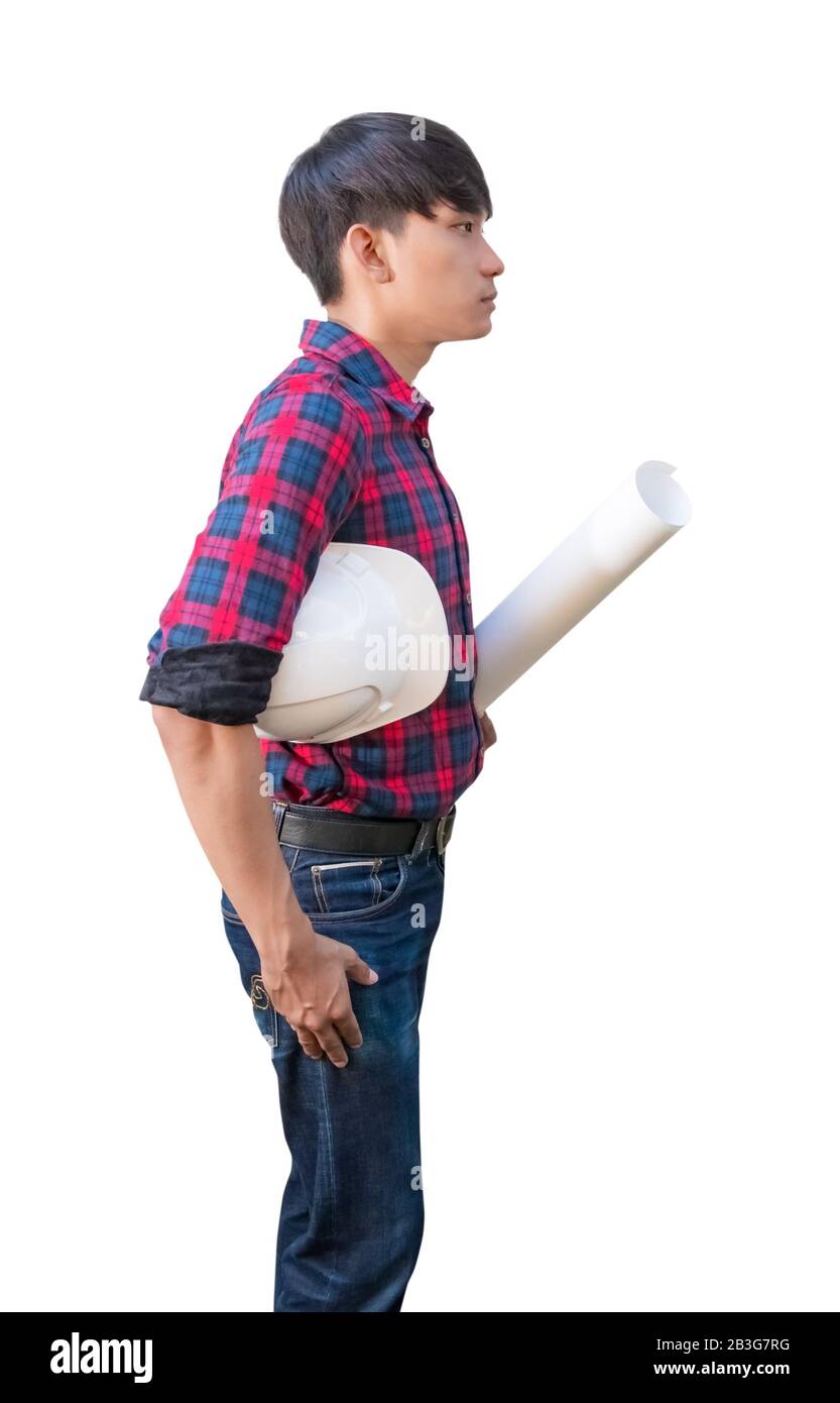 Engineer hold safety helmet plastic and blueprint construction concept ...