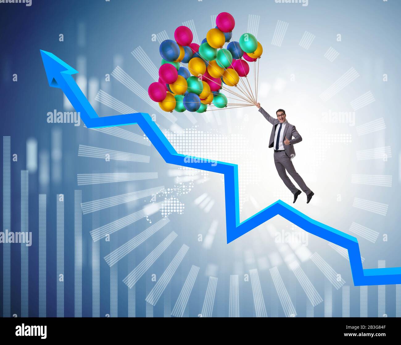 The businessman flying on balloons over graph Stock Photo - Alamy