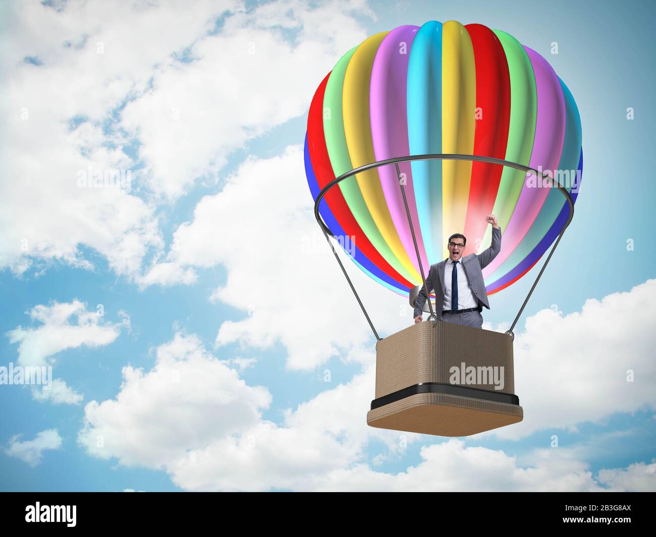 The businessman flying on balloon in challenge concept Stock Photo - Alamy