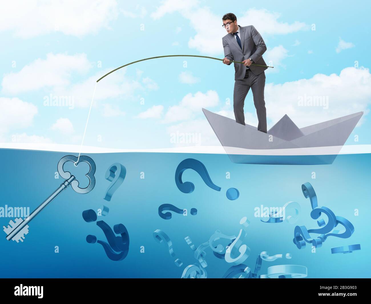 The businessman fishing questions from paper boat ship Stock Photo - Alamy