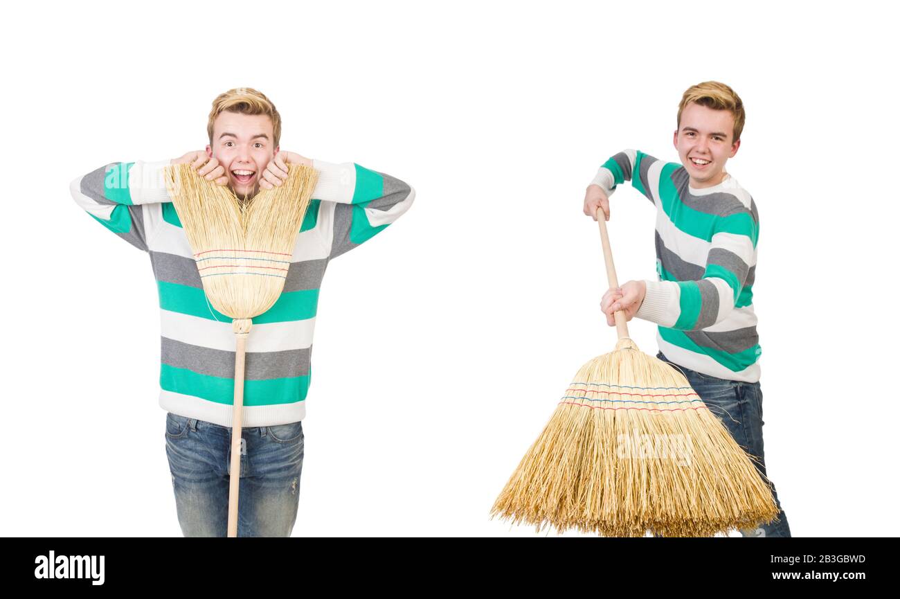 The funny man with mop isolated on white Stock Photo - Alamy
