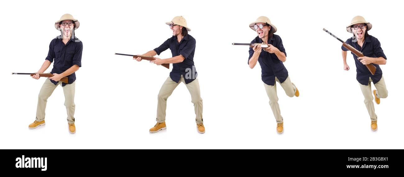 The funny hunter wearing safari hat Stock Photo - Alamy