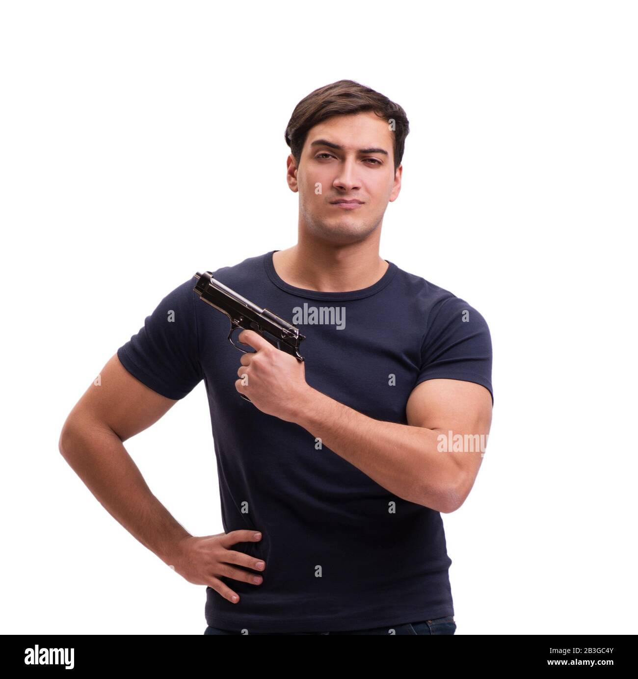 The aggressive young man with gun isolated on white Stock Photo - Alamy