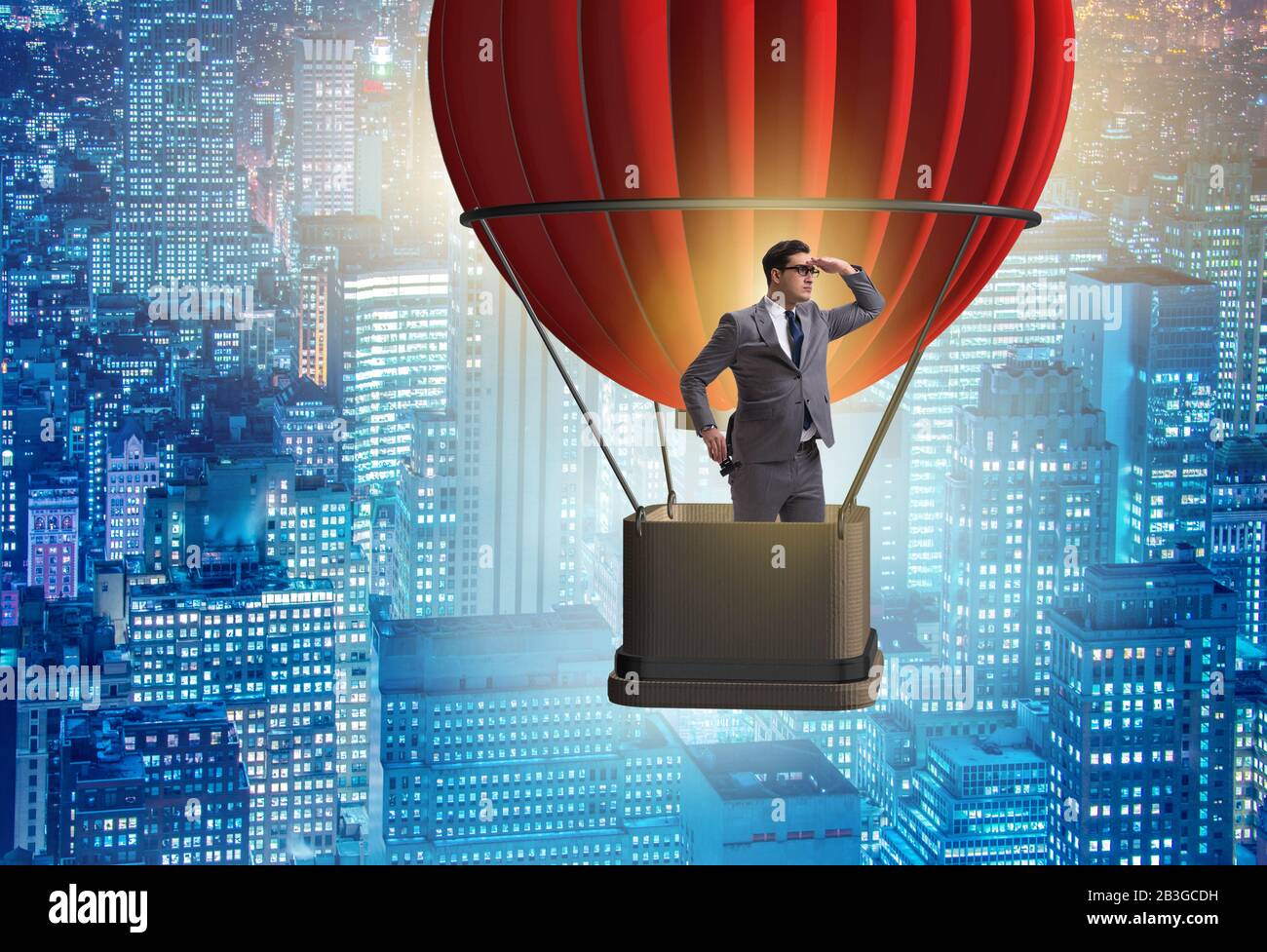 The businessman flying on balloon in challenge concept Stock Photo - Alamy