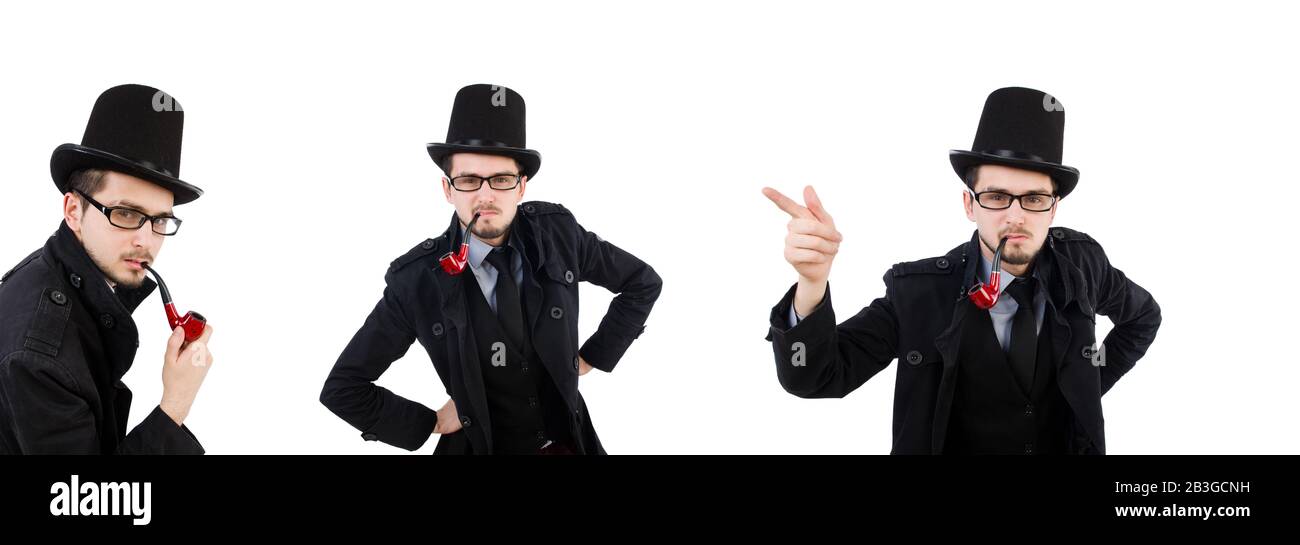 The young detective with smoking pipe isolated on white Stock Photo - Alamy
