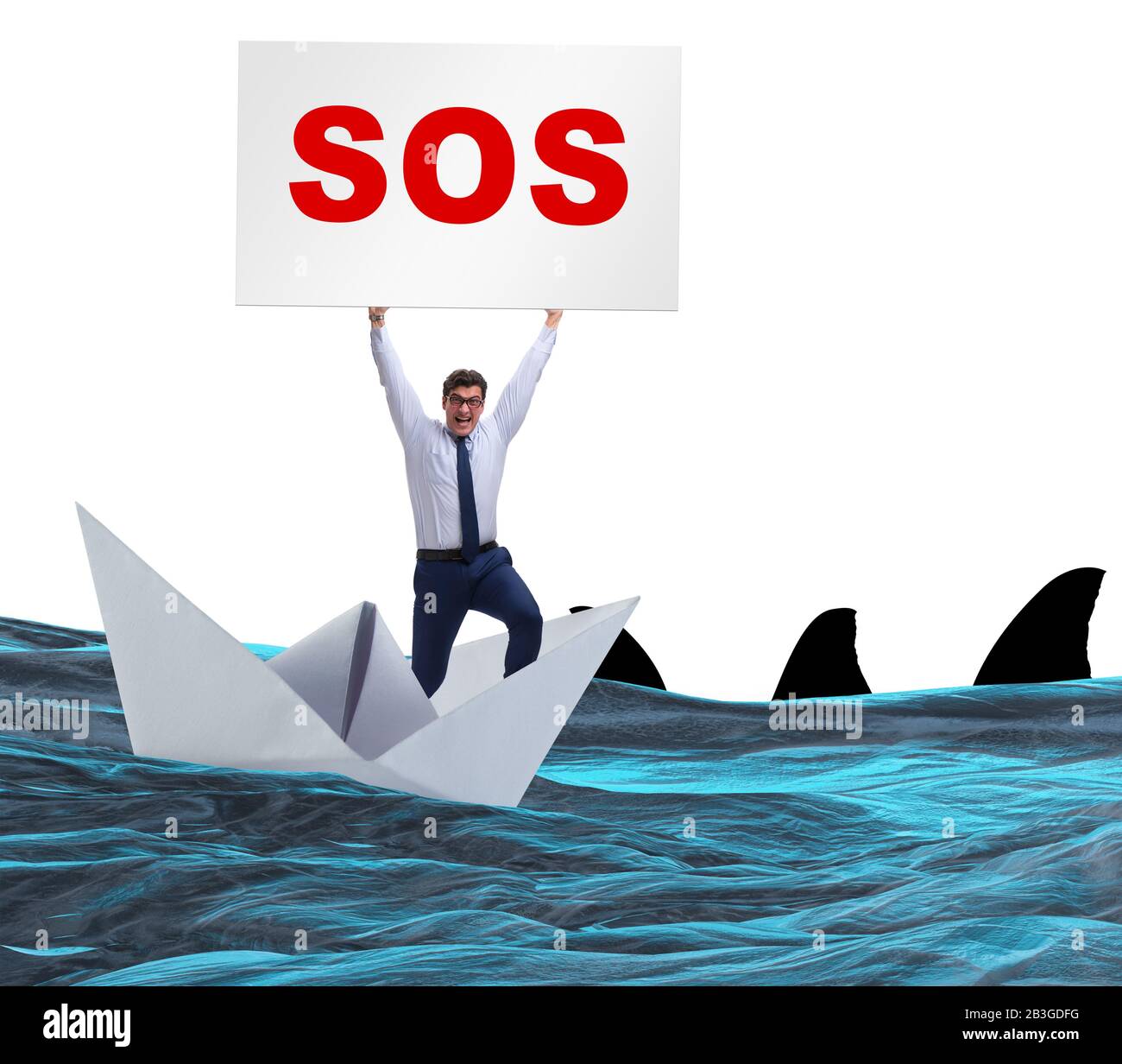 The businessman asking for help with sos message on boat Stock Photo ...