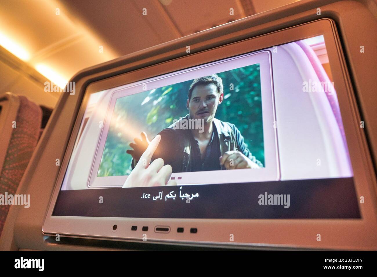DUBAI, UAE - CIRCA JANUARY 2019: close up shot of a seat-back screen ...
