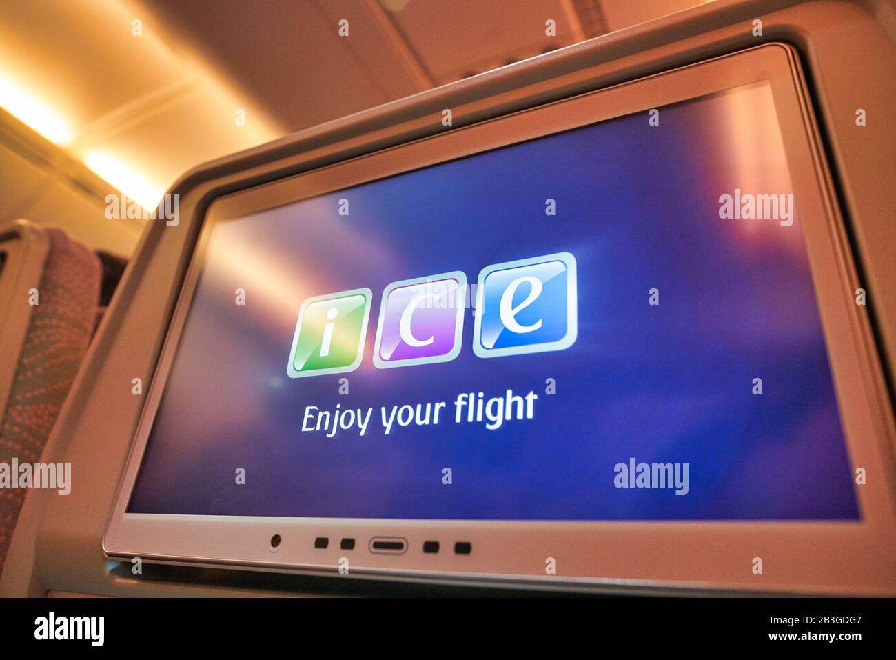 DUBAI, UAE - CIRCA JANUARY 2019: close up shot of a seat-back screen ...