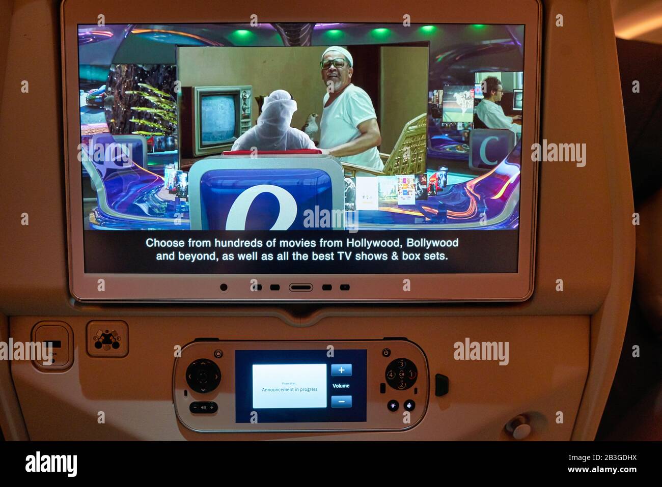 DUBAI, UAE - CIRCA JANUARY 2019: close up shot of a seat-back screen ...