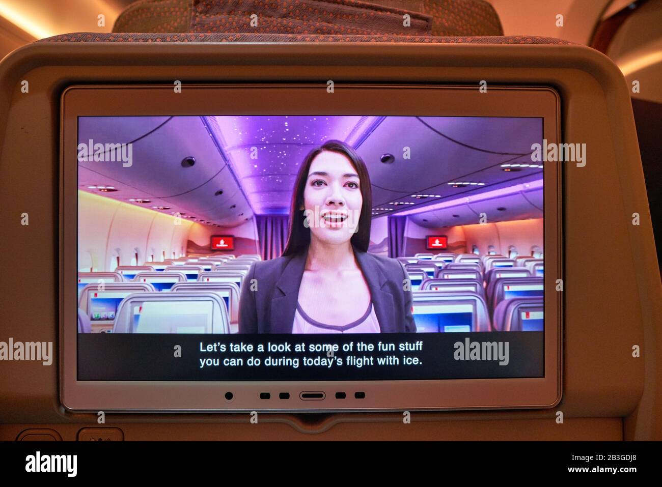 DUBAI, UAE - CIRCA JANUARY 2019: close up shot of a seat-back screen ...