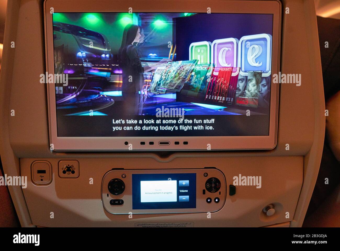 DUBAI, UAE - CIRCA JANUARY 2019: close up shot of a seat-back screen ...
