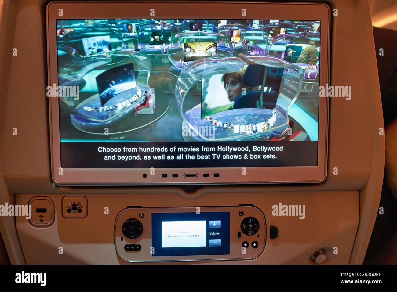 DUBAI, UAE - CIRCA JANUARY 2019: close up shot of a seat-back screen ...