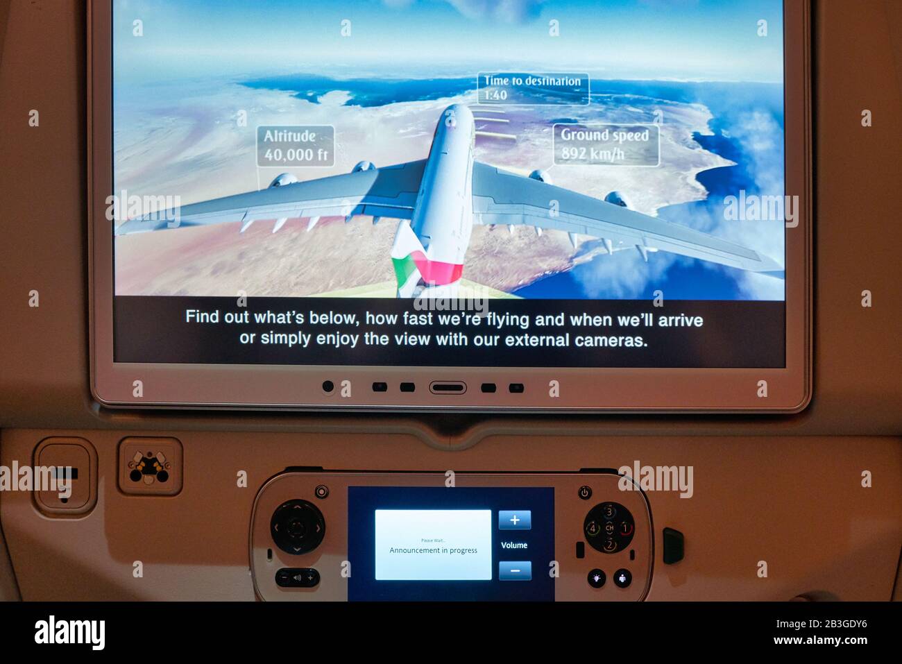 DUBAI, UAE - CIRCA JANUARY 2019: close up shot of a seat-back screen ...