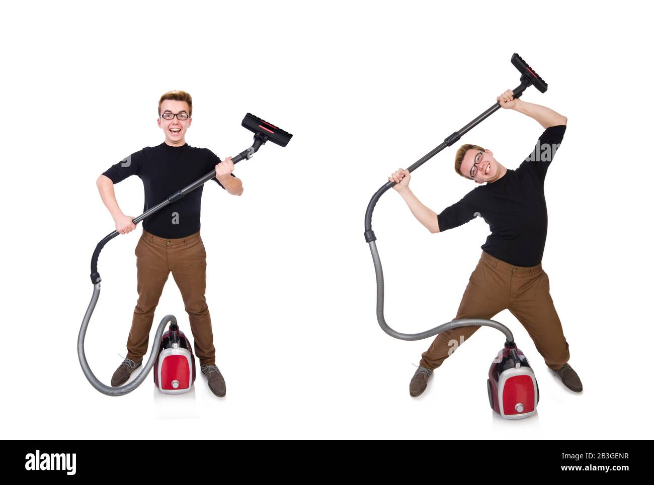The funny man with vacuum cleaner on white Stock Photo - Alamy