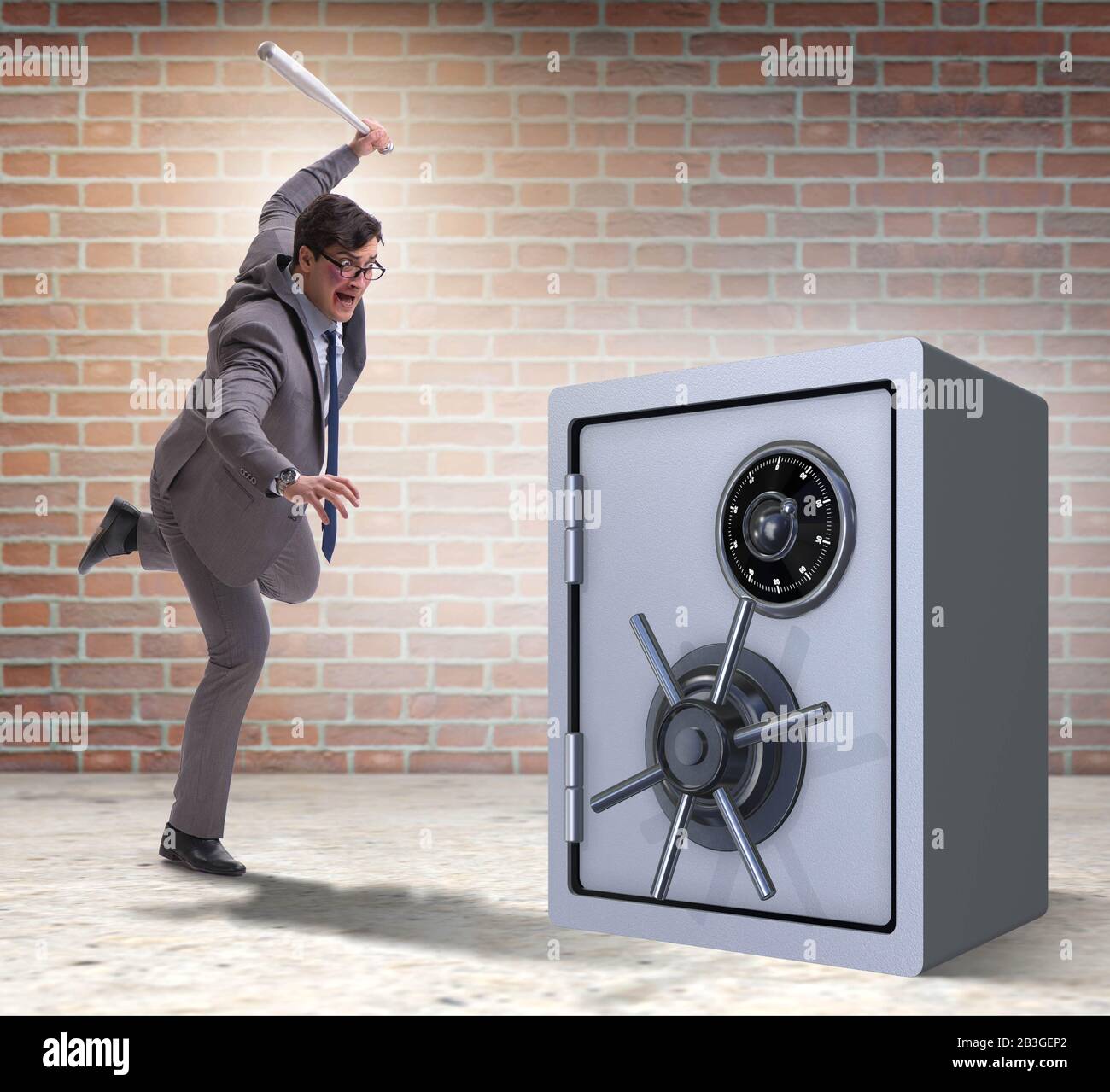 The angry man with baseball bat hitting money safe Stock Photo - Alamy