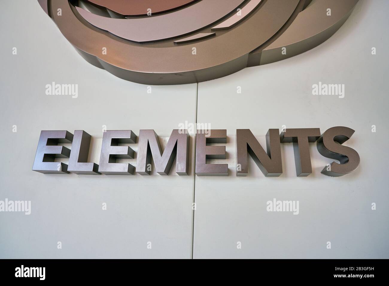 HONG KONG, CHINA - CIRCA JANUARY, 2019: Elements sign seen on a wall of ...