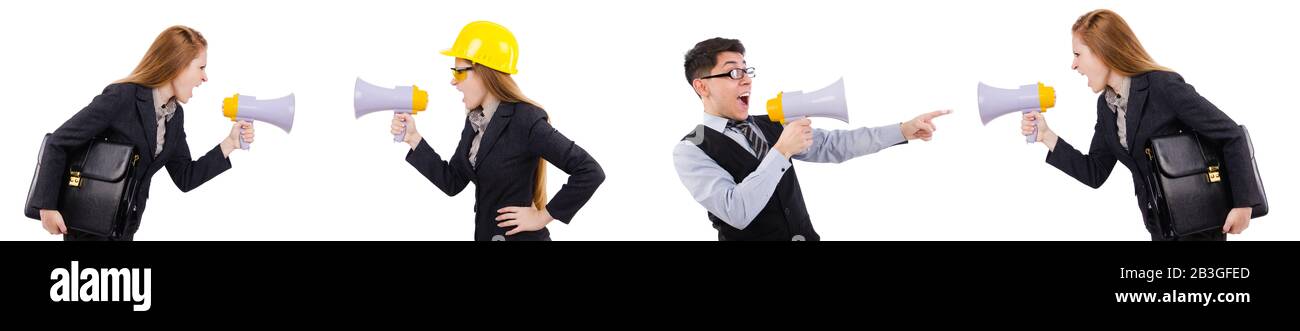 The female construction worker with loudspeaker isolated on white Stock ...