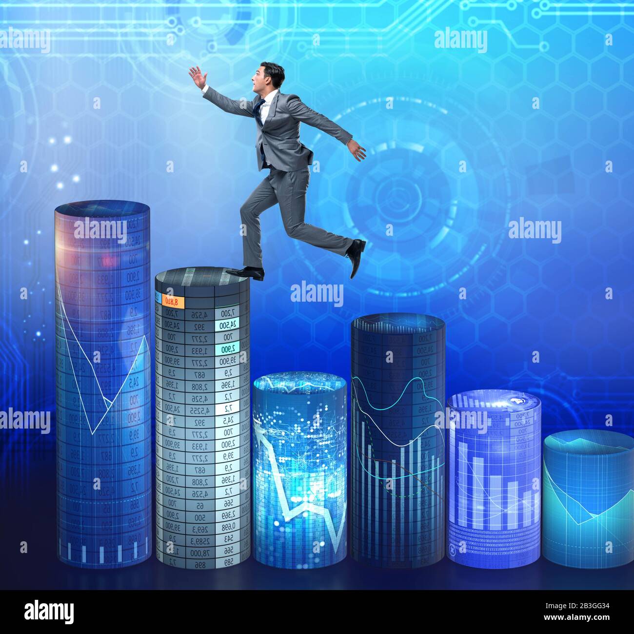 The businessman jumping over bar charts Stock Photo - Alamy