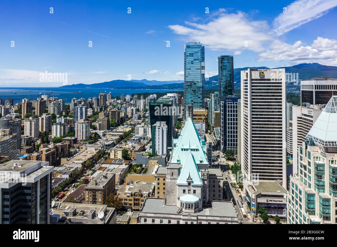 VANCOUVER, CANADA - JUNE 18, 2019: look out to tall buildings with blue ...