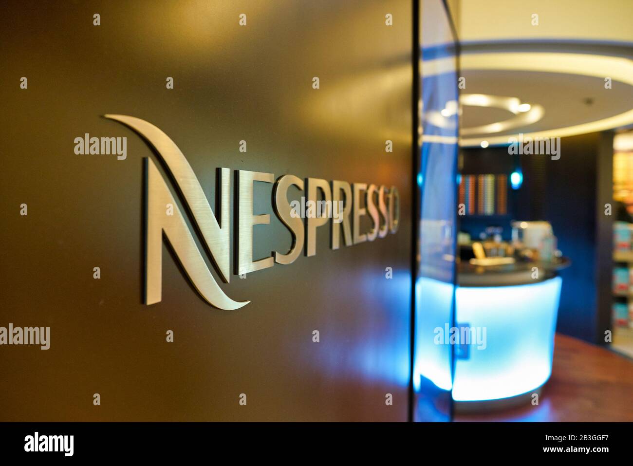 HONG KONG, CHINA - CIRCA JANUARY, 2019: close up shot of Nespresso sign ...