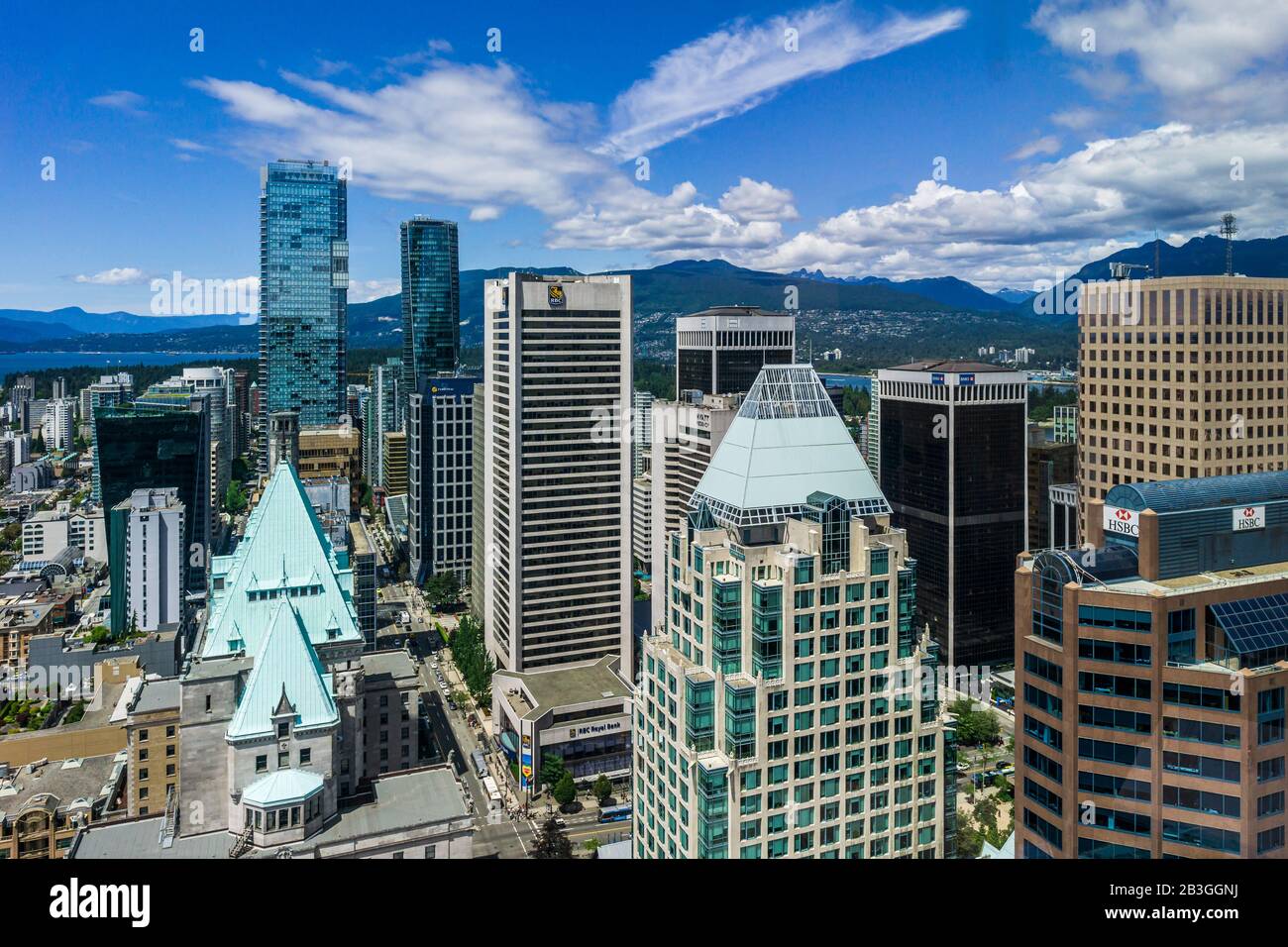 VANCOUVER, CANADA - JUNE 18, 2019: look out to tall buildings with blue ...