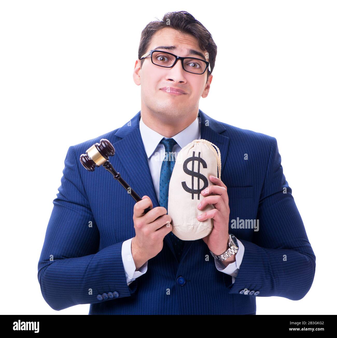 The lawyer with a gavel and a moneybag money bad isolated on white ...