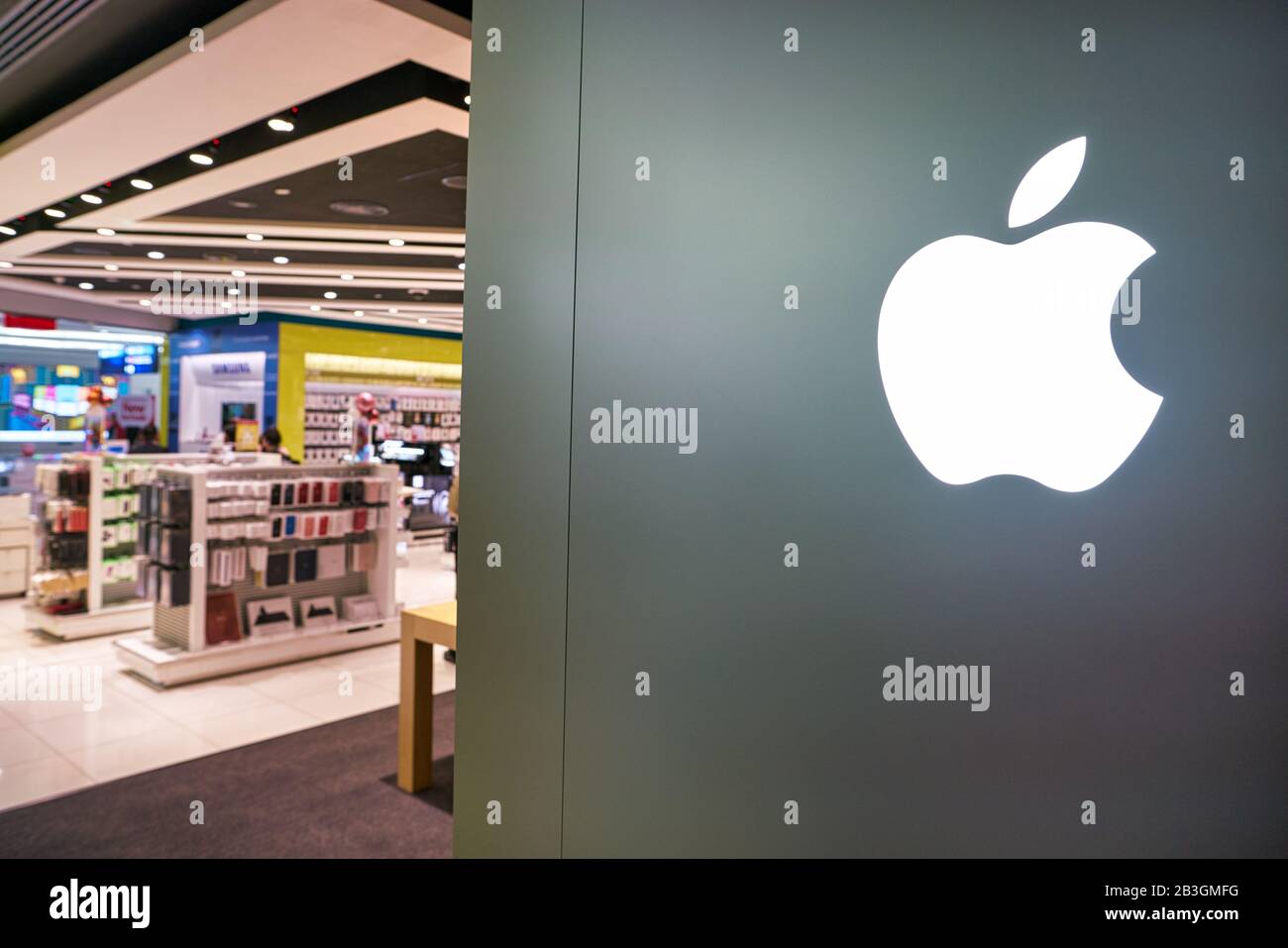 DUBAI, UAE - CIRCA JANUARY 2019: close up shot of Apple sign seen in ...