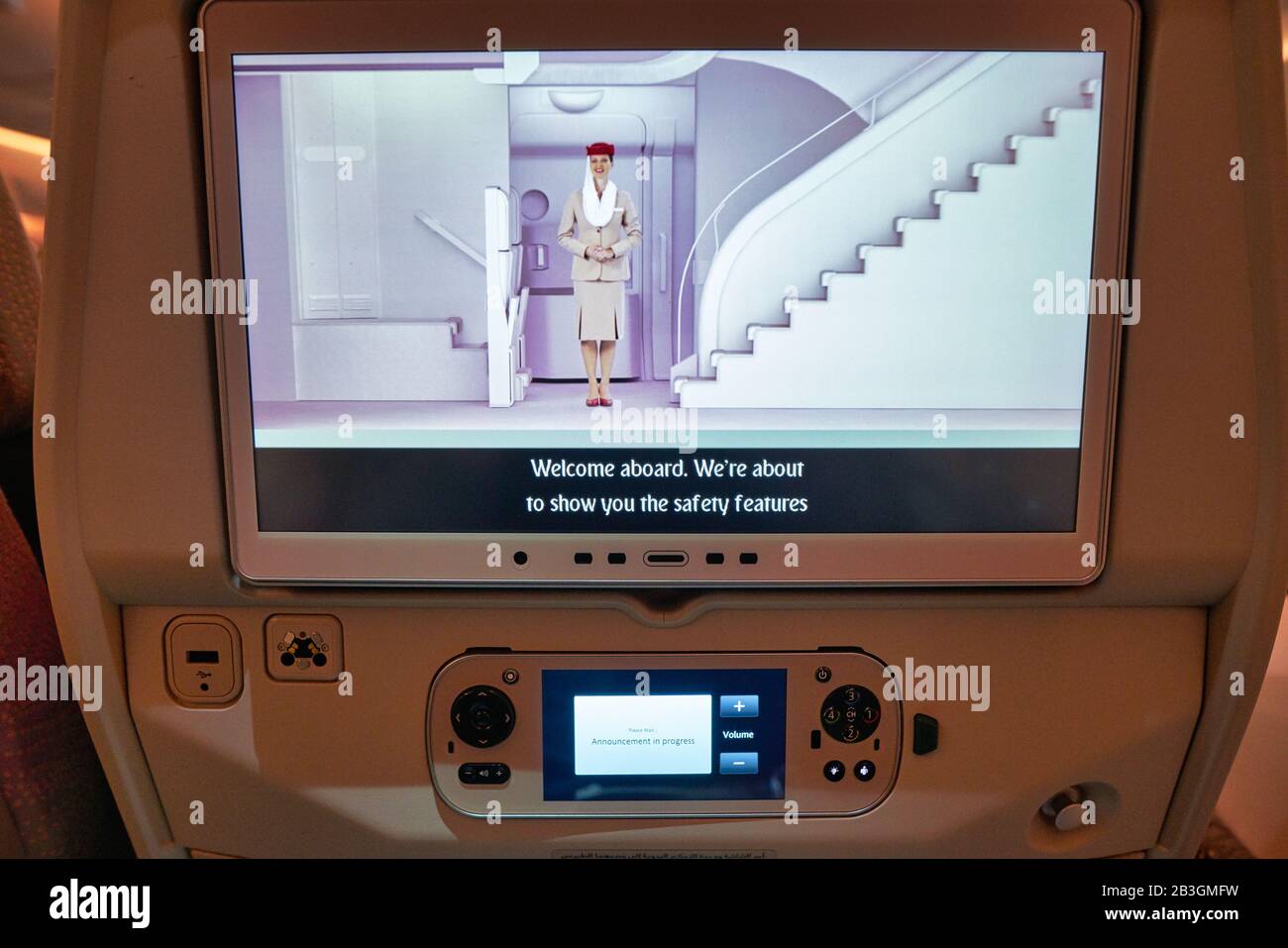 DUBAI, UAE - CIRCA JANUARY 2019: close up shot of a seat-back screen ...