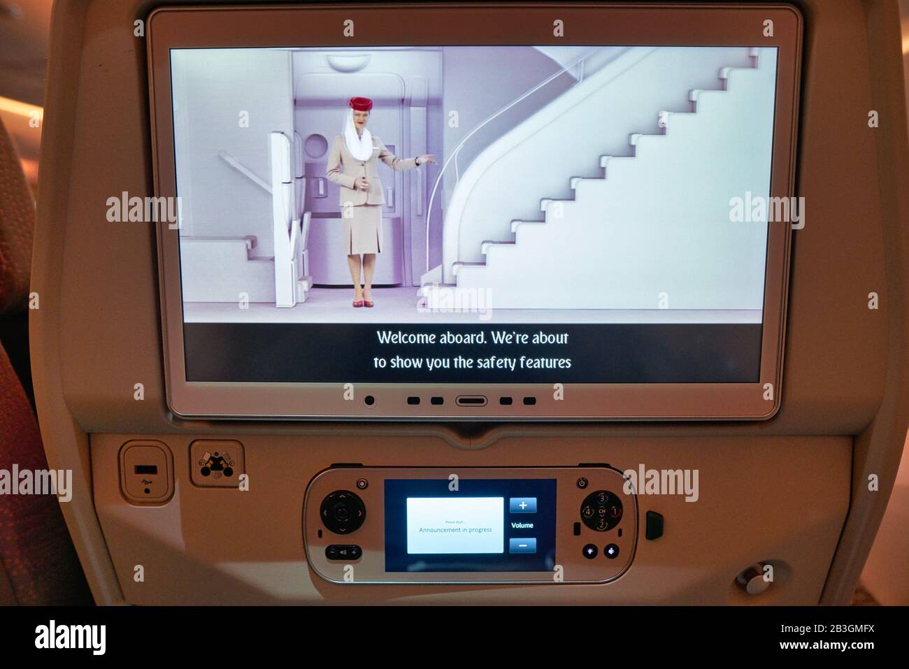 DUBAI, UAE - CIRCA JANUARY 2019: close up shot of a seat-back screen ...