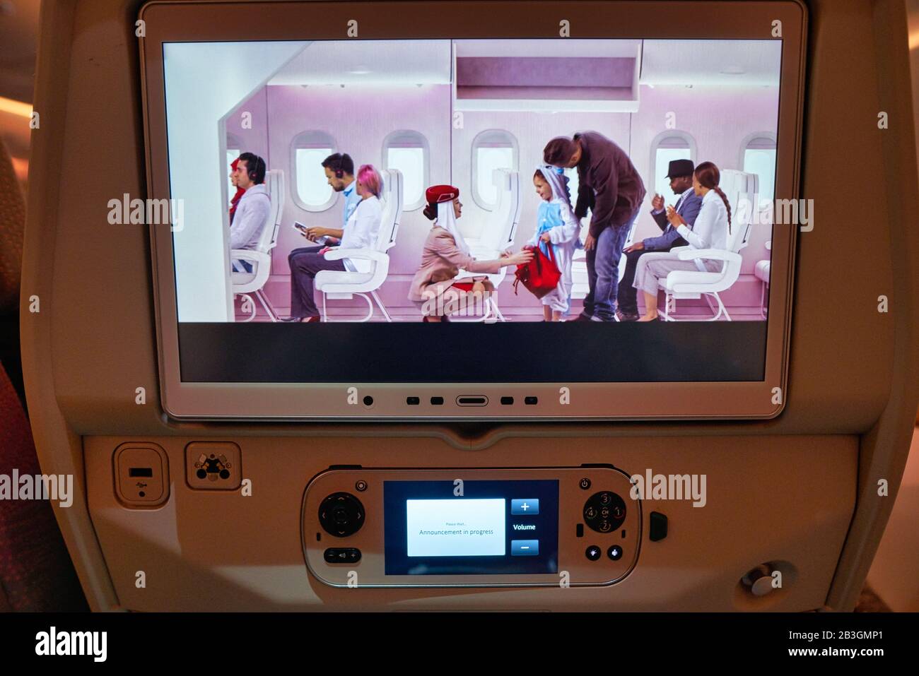 DUBAI, UAE - CIRCA JANUARY 2019: close up shot of a seat-back screen ...