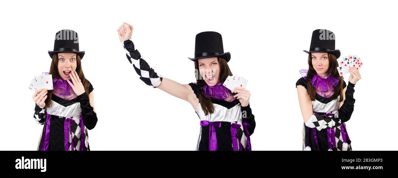 The pretty girl in jester costume with cards isolated on white Stock ...