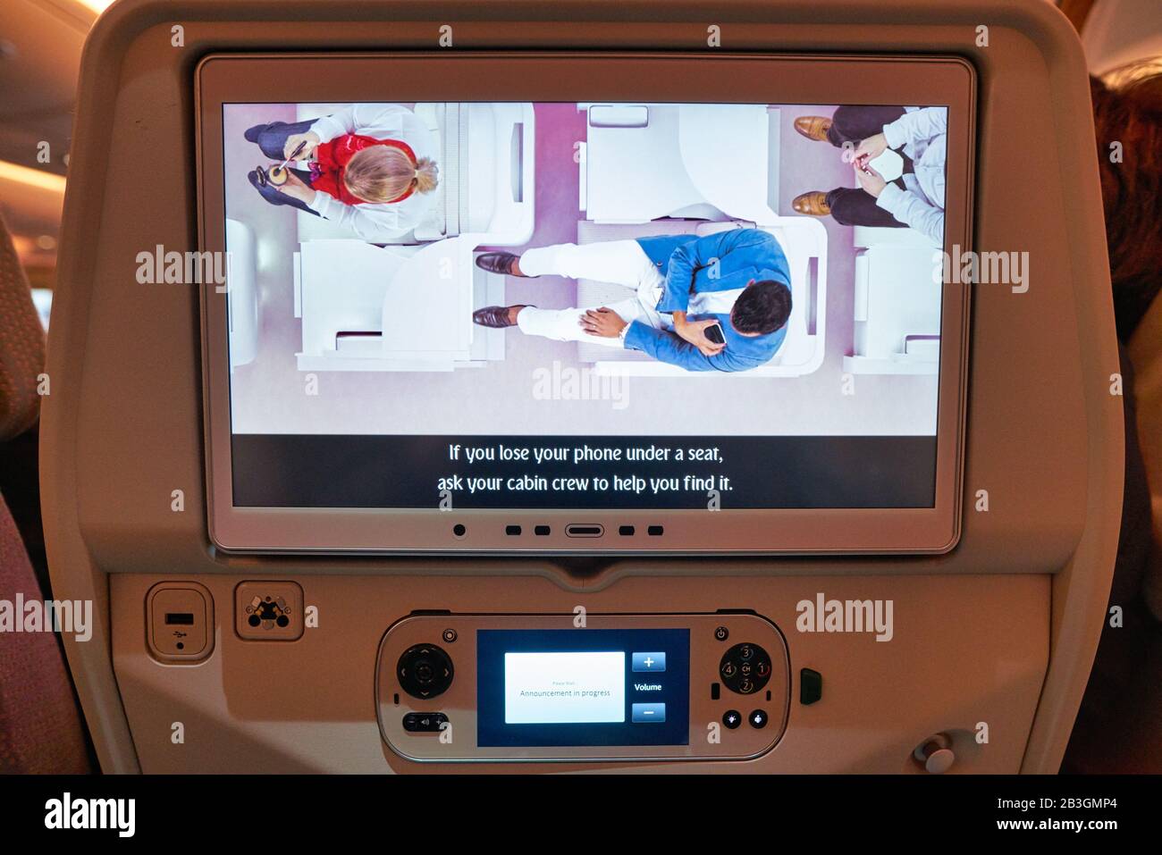 DUBAI, UAE - CIRCA JANUARY 2019: close up shot of a seat-back screen ...
