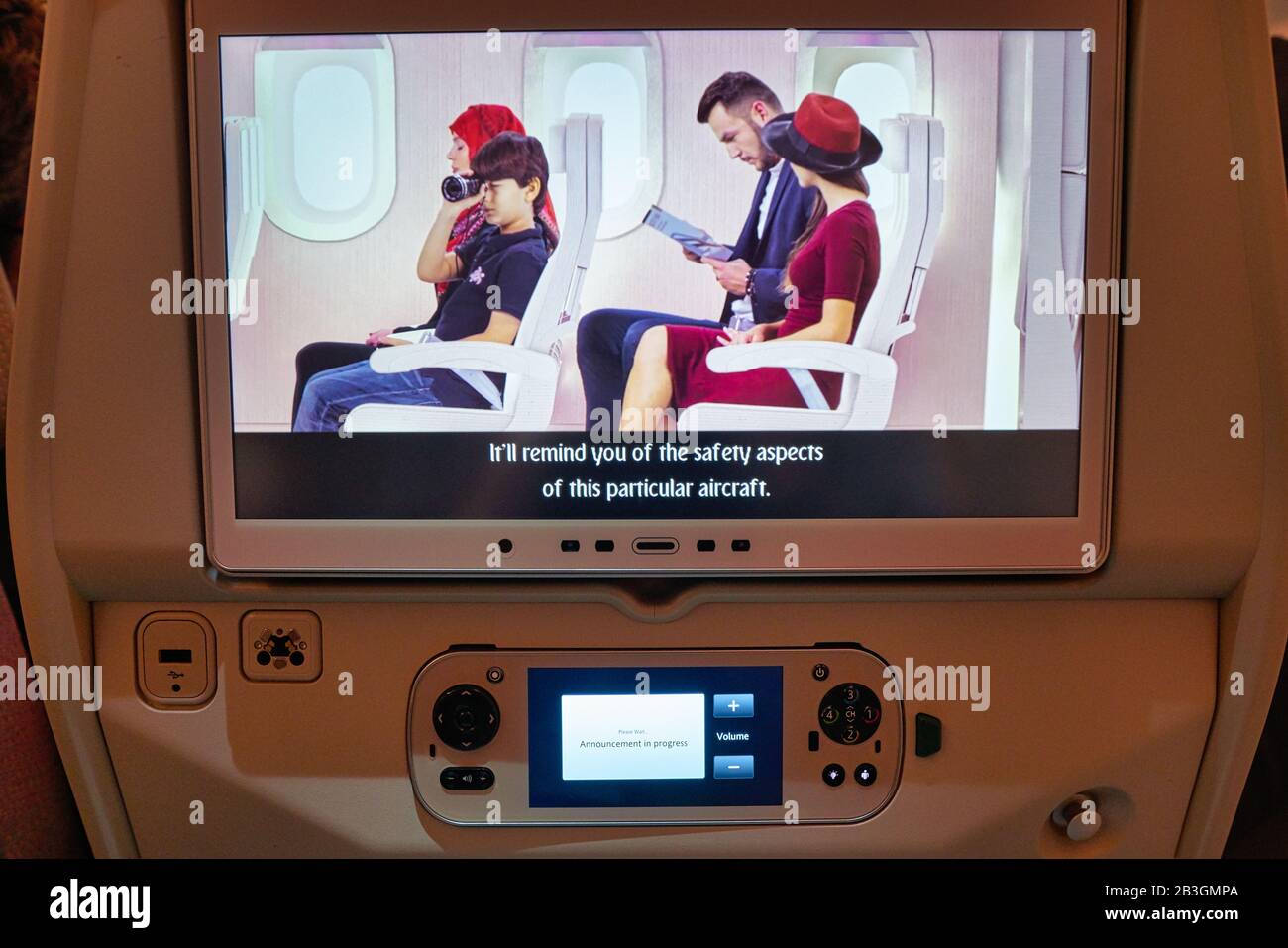 DUBAI, UAE - CIRCA JANUARY 2019: close up shot of a seat-back screen ...