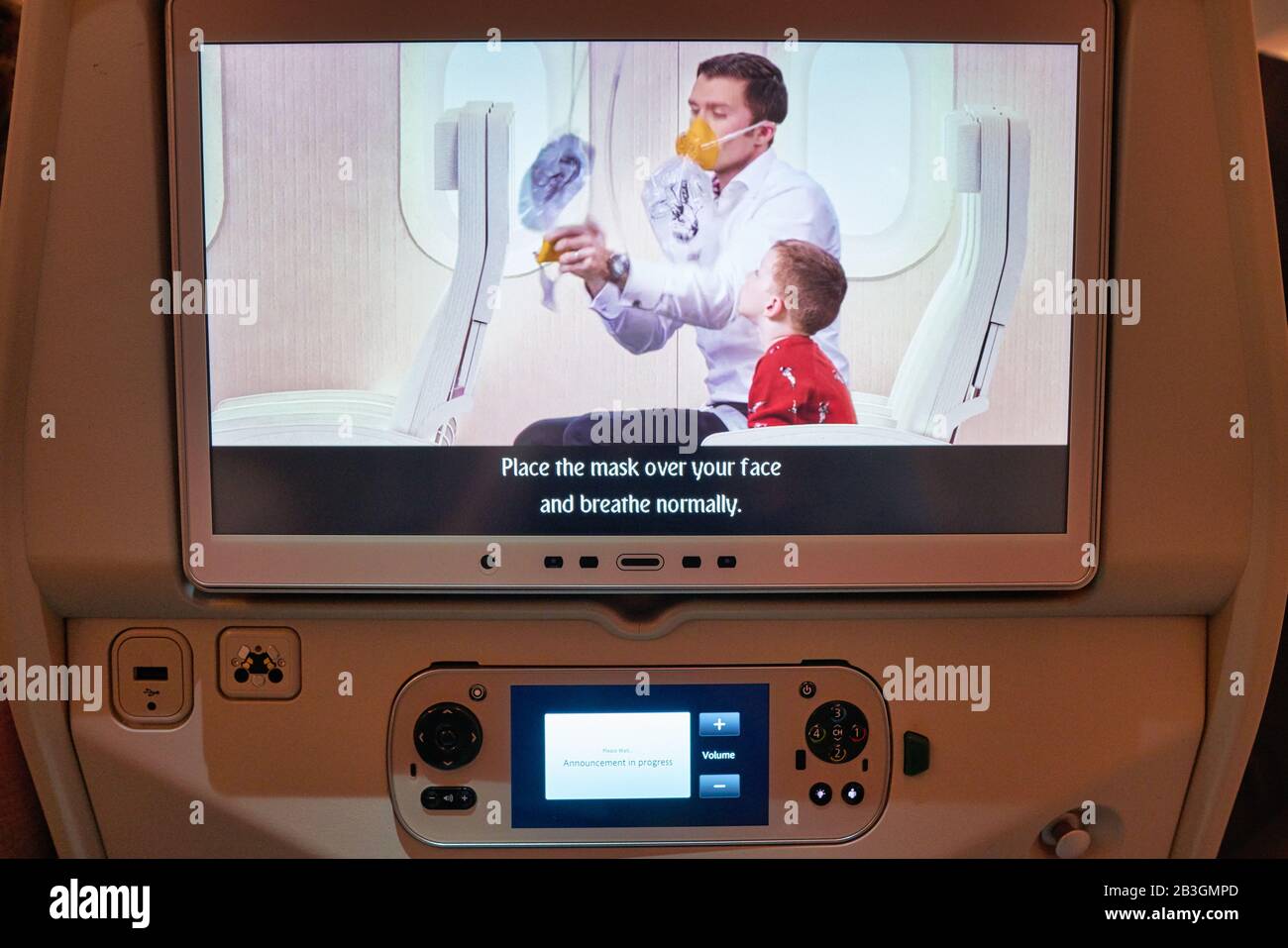 DUBAI, UAE - CIRCA JANUARY 2019: close up shot of a seat-back screen ...