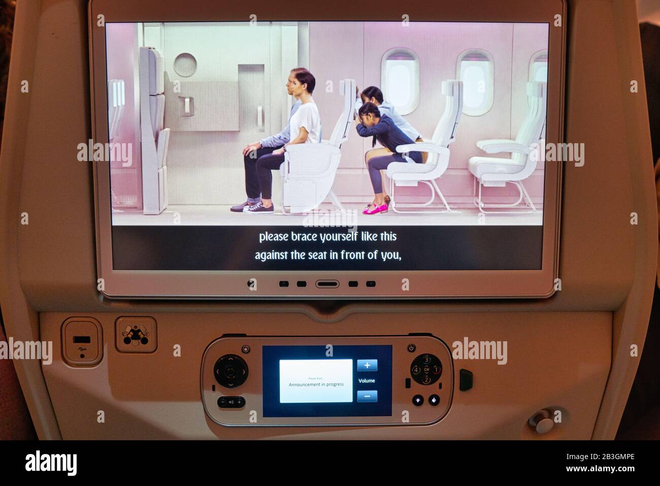 DUBAI, UAE - CIRCA JANUARY 2019: close up shot of a seat-back screen ...