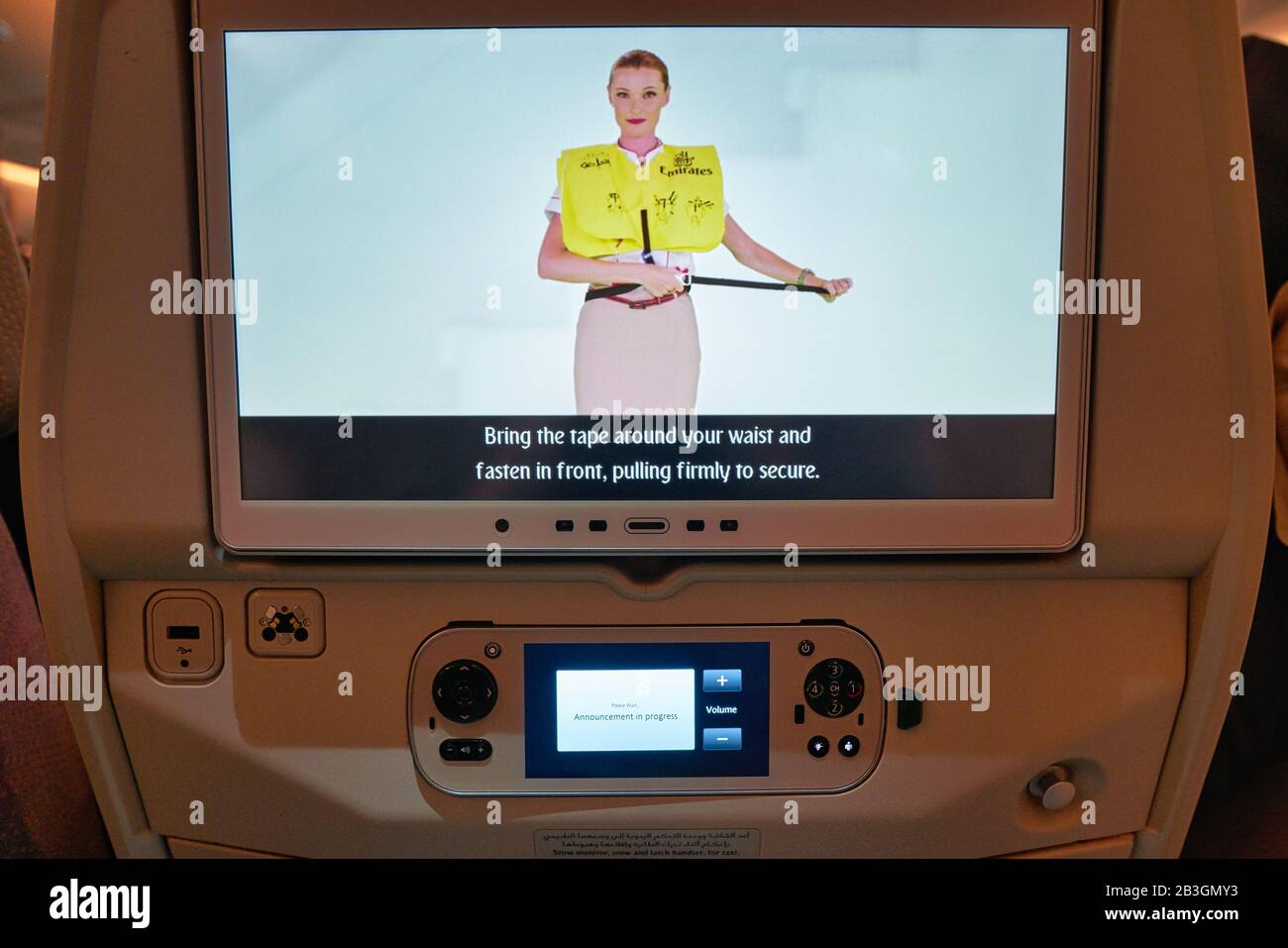DUBAI, UAE - CIRCA JANUARY 2019: close up shot of a seat-back screen ...