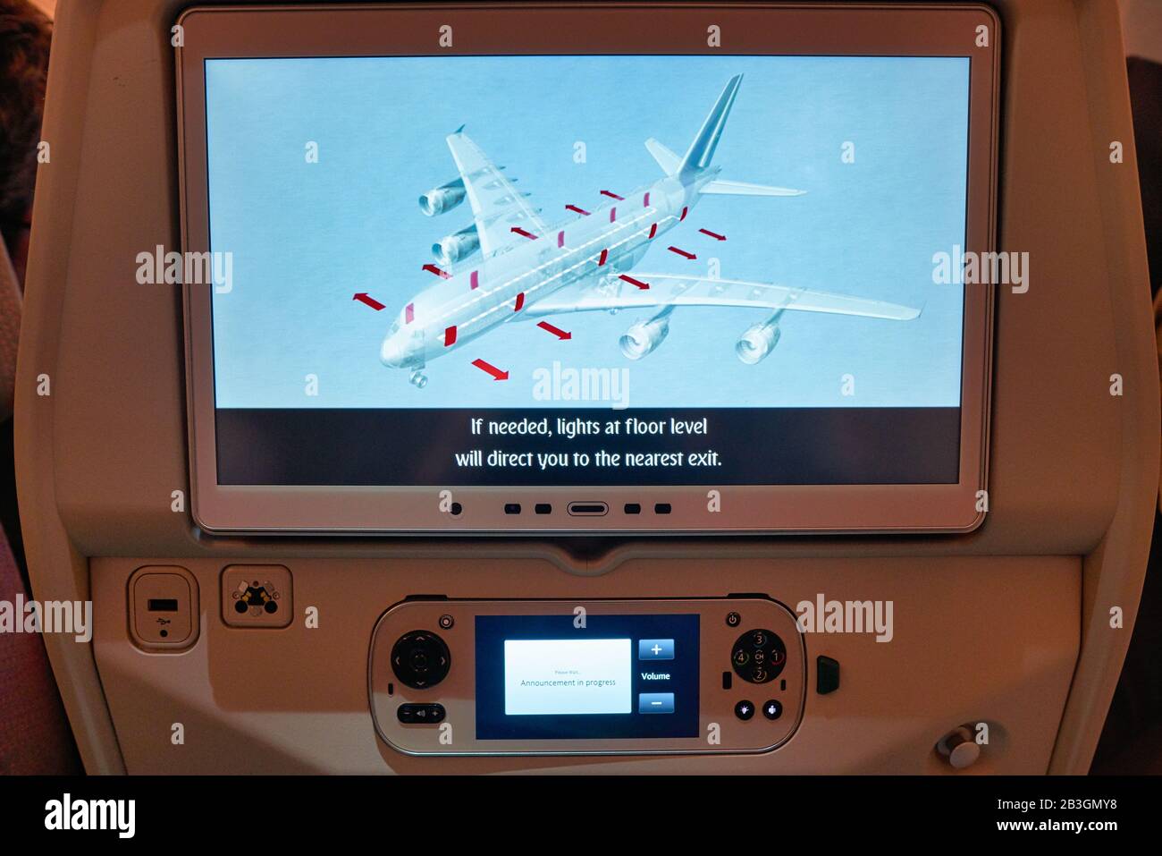 DUBAI, UAE - CIRCA JANUARY 2019: close up shot of a seat-back screen ...