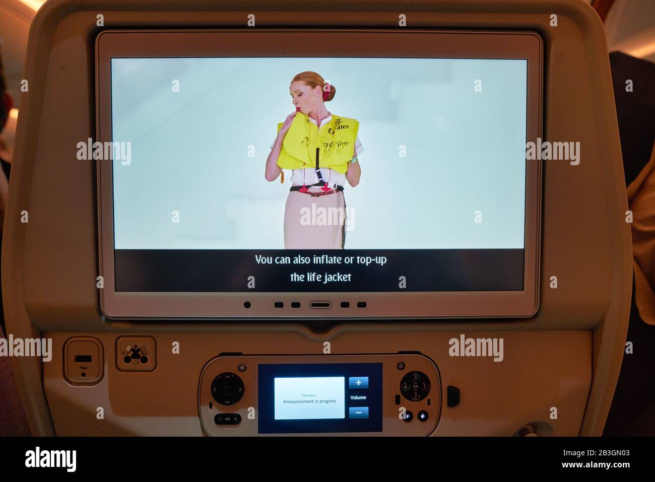 DUBAI, UAE - CIRCA JANUARY 2019: close up shot of a seat-back screen ...
