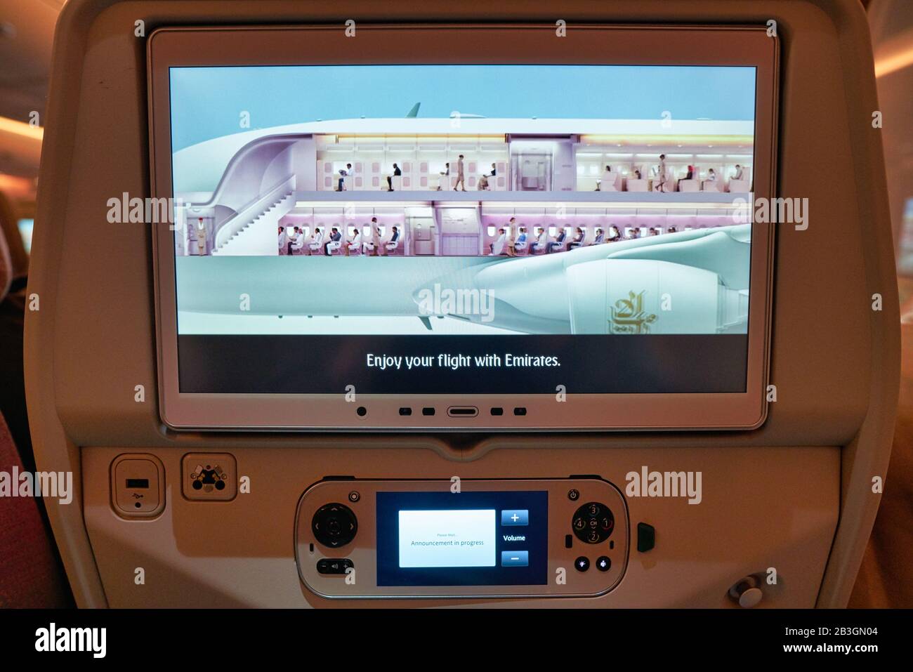 DUBAI, UAE - CIRCA JANUARY 2019: close up shot of a seat-back screen ...
