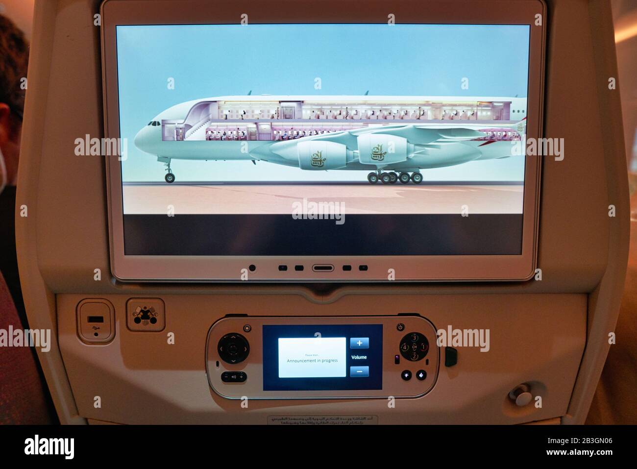 DUBAI, UAE - CIRCA JANUARY 2019: close up shot of a seat-back screen ...