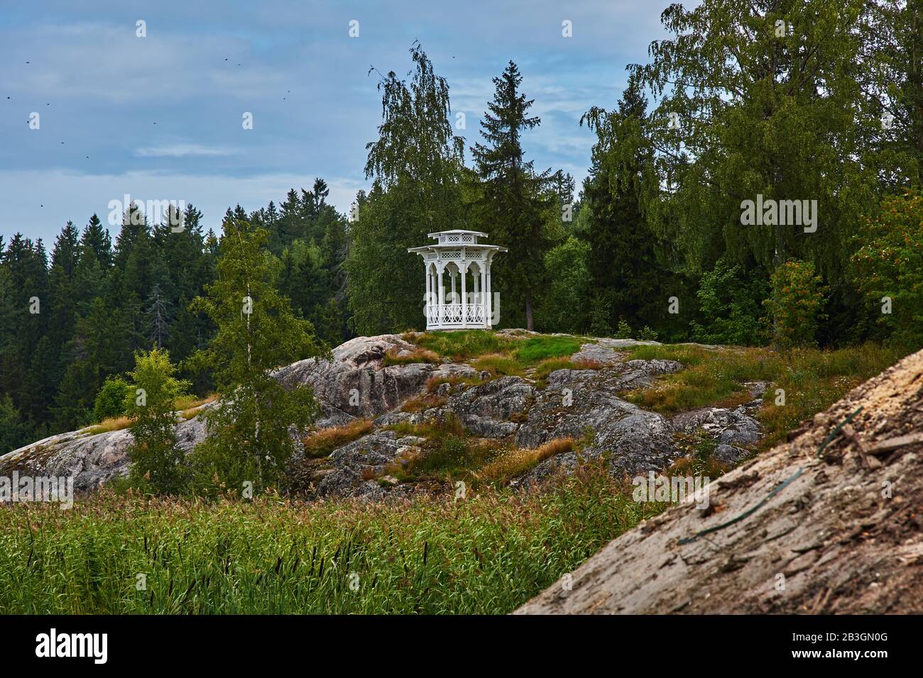 White open summer round veranda in the park of the city of Sortavala: a ...