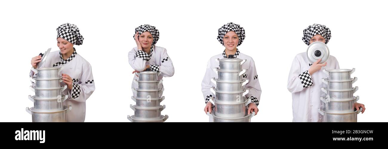 The cook with stack of pots on white Stock Photo - Alamy