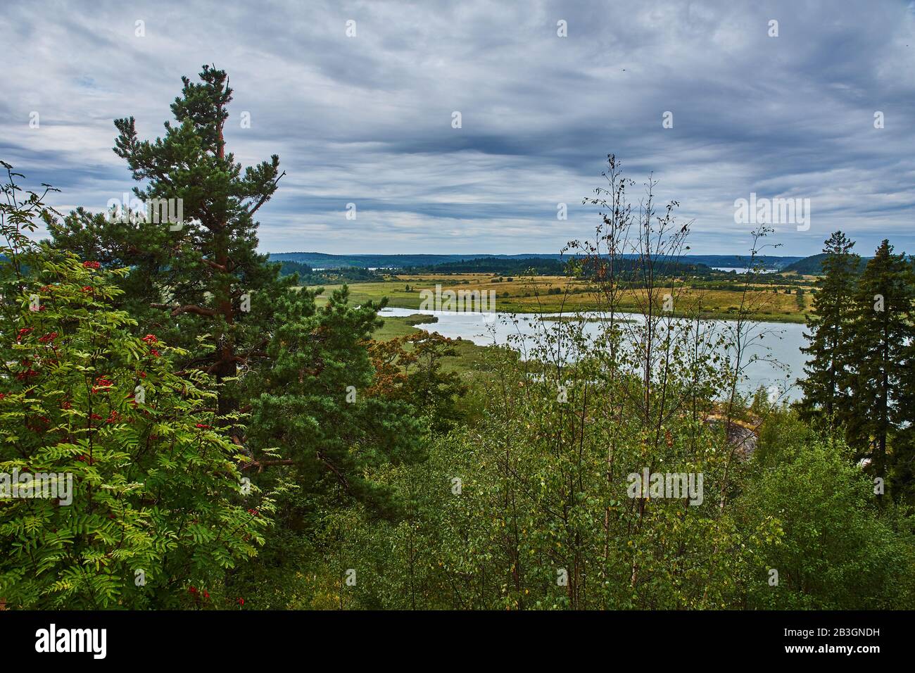 Panoramic view of the surroundings of Sortavala from a hill in a city ...