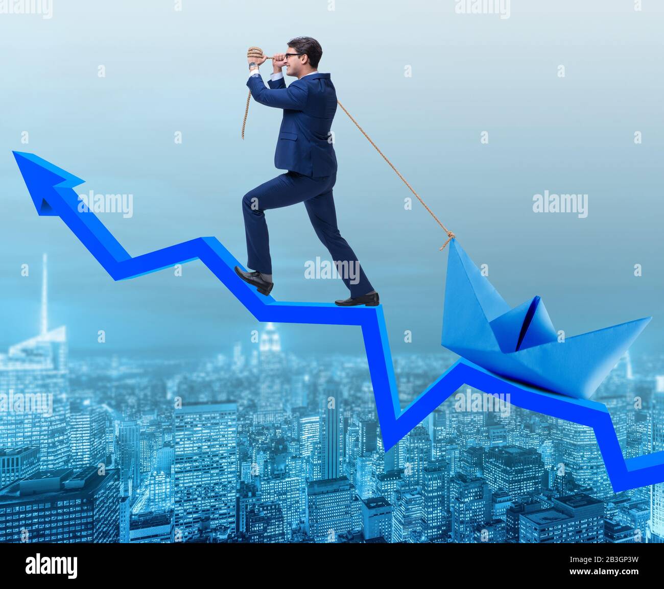The businessman pulling boat over line chart Stock Photo - Alamy